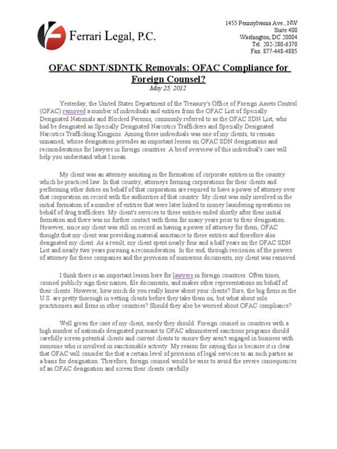 Ofac Sdntsdntk Removals Ofac Compliance For Foreign Counsel Pdf