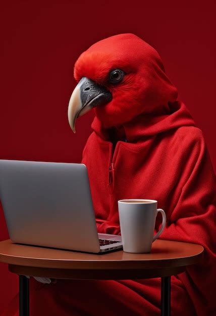 Premium Photo A Woman In Red Costume Is Holding A Laptop Computer And Coffee In The Style Of