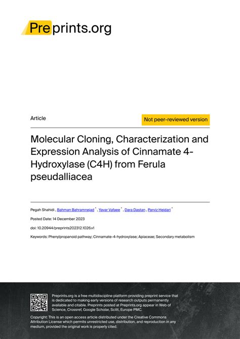Pdf Molecular Cloning Characterization And Expression Analysis Of Cinnamate 4 Hydroxylase