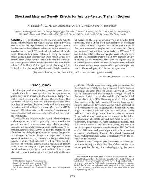 Pdf Direct And Maternal Genetic Effects For Ascites Related Traits In Broilers