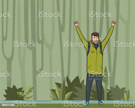 젊은 남자 정글 숲에 제기 손으로 배낭 도보 여행자 탐험가 산악인입니다 성공의 상징입니다 복사 공간 벡터 일러스트입니다 20 29세에 대한 스톡 벡터 아트 및 기타 이미지