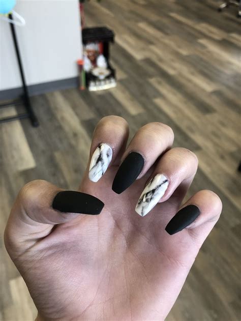Coffin Shaped Black And White Marble Acrylic Nails Long Acrylic Nails