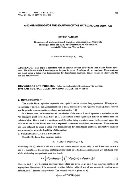 Pdf A Schur Method For The Solution Of The Matrix Riccati Equation