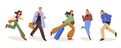 Flat Crowd Of People Fast Running And Rushing To Work Stock Vector Illustration Of Running