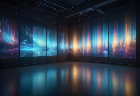 An Empty Room With Large Windows Showcasing A Colorful Display Of Digital Aurora Borealis Stock