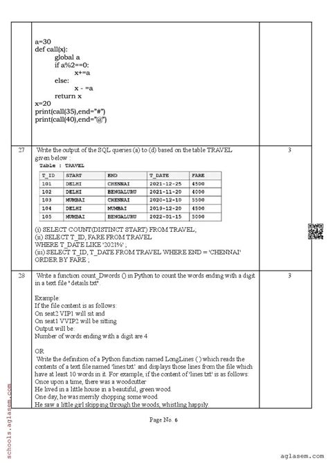 Class 12 Computer Science Pre Board Sample Paper 2025 Download Pre Board Model Paper Pdf Aglasem