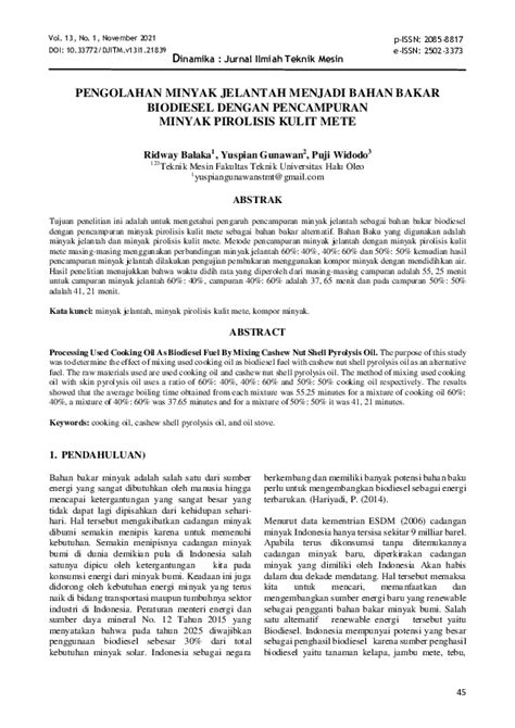 Pdf Pengolahan Minyak Jelantah Menjadi Bahan Bakar Biodiesel Dengan Pencampuran Minyak