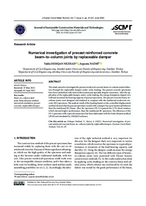 Pdf Numerical Investigation Of Precast Reinforced Concrete Beamtocolumn Joints By