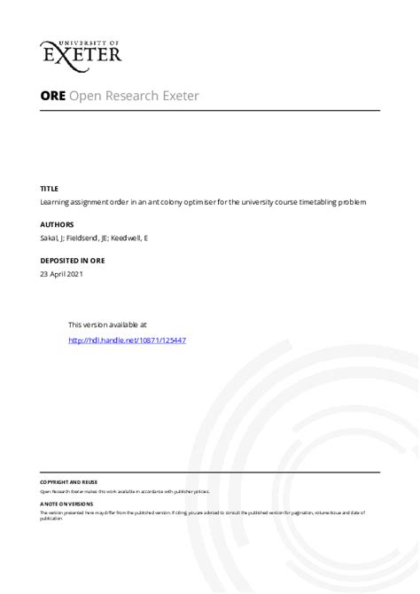 Pdf Learning Assignment Order In An Ant Colony Optimiser For The University Course Timetabling