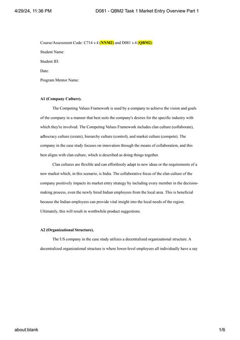 SOLUTION D081 Qbm2 Task 1 Market Entry Overview Part 1 Studypool