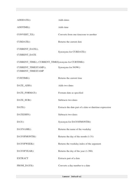 Mysql Date And Time Functions And Formats Pdf Workweek And