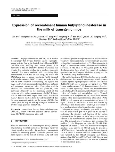 Pdf Expression Of Recombinant Human Butyrylcholinesterase In The Milk Of Transgenic Mice