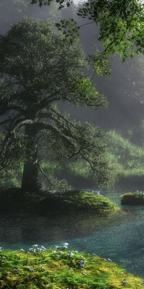 Завантажити шпалери на робочий стіл ПК Фантазія Пейзаж Річка Дерево Водоспад безкоштовно