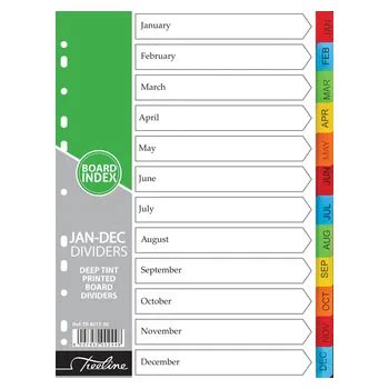 Treeline A4 Index Divider Board Colour Jan Dec Printed Raphael Stationery