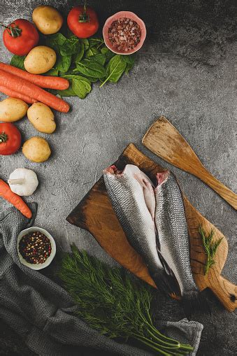 Persiapan Memasak Ikan Makanan Diet Sehat Salin Ruang Untuk Desain Anda Pertanian Sayuran Segar