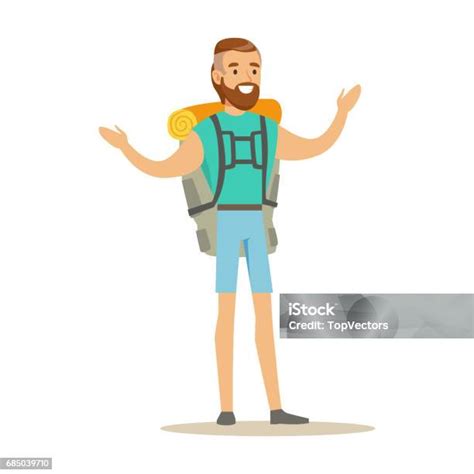 배낭을 들고 서있는 청년 여행자 여름 캠핑 다채로운 만화 캐릭터 벡터 일러스트 관광에 대한 스톡 벡터 아트 및 기타 이미지 관광 관광객 남자 Istock