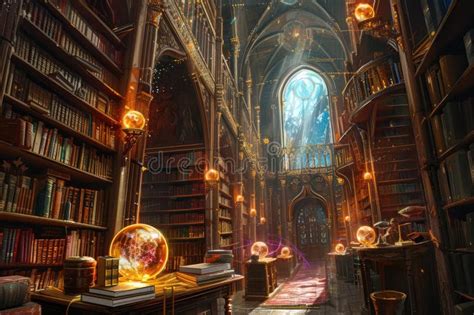 An Ancient Library Filled with Magical Books, Glowing Orbs. Resplendent ...