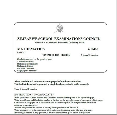 zimsec o level mathematics past exam paper with answers