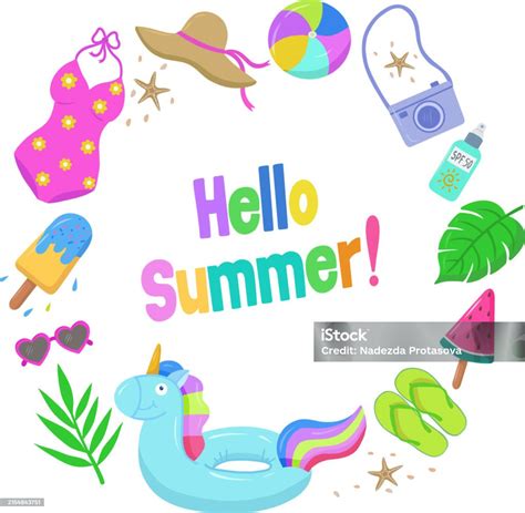 안녕하세요 여름 벡터 배경 템플릿입니다 모자 아이스크림 수영복 불가사리 선글라스 유니콘 카메라 슬리퍼 형태의 다채로운 해변