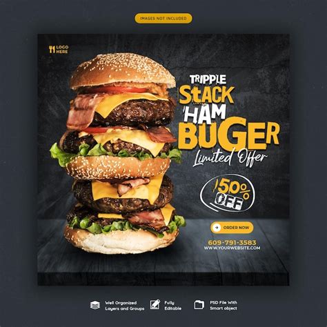 맛있는 햄버거와 음식 메뉴 소셜 미디어 배너 템플릿 무료 Psd 파일