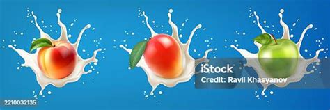 우유 크림 또는 요구르트가 튀는 사실적인 과일 세트 망고 사과 복숭아 3d 아이콘 컬렉션 0명에 대한 스톡 벡터 아트 및 기타 이미지 Istock