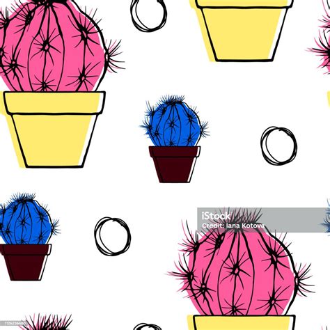선인장과 완벽 한 패턴입니다 패브릭 배경 Houseplant으로 그리기 밝은 그래픽 텍스처 가시에 대한 스톡 벡터 아트 및 기타 이미지 Istock