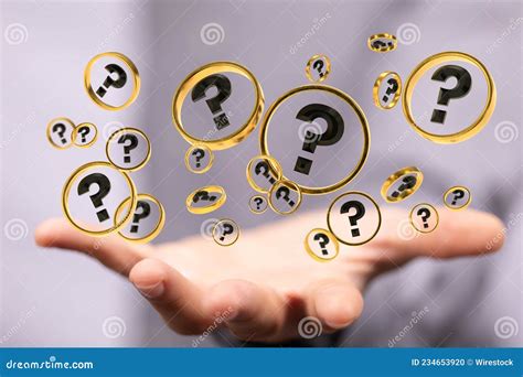 3d rendering of black question marks floating on a man s hand stock
