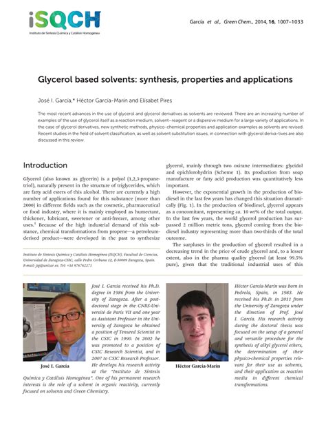 Pdf Cheminform Abstract Glycerol Based Solvents Synthesis Properties And Applications