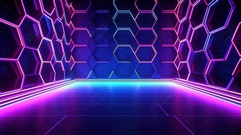 네온 기술 스타일을 갖춘 육각형 레이저 조명 공간 조명 벽 및 바닥의 3d 그림 3d 레이저 배경 네온 스타일 배경 네온