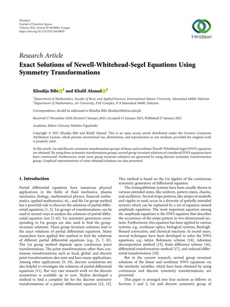 Pdf Exact Solutions Of Newell Whitehead Segel Equations Using Symmetry Transformations
