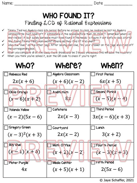 Finding Lcd Of Rational Expressions Clue Mystery Activity Made By