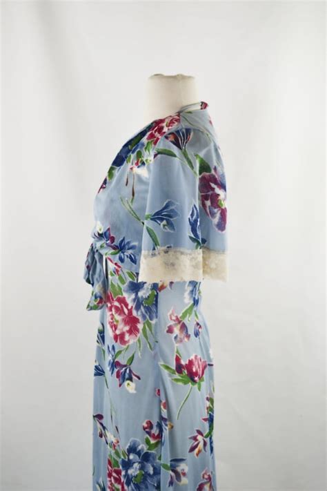 1970s Light Blue Stylized Floral Print Maxi Dress And Gem