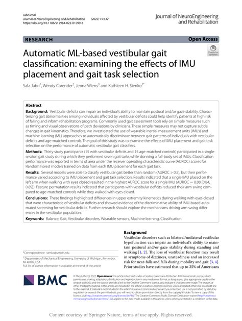 pdf automatic ml based vestibular gait classification examining the