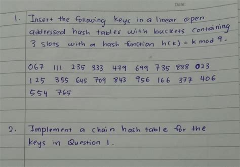 Solved Date 1 Insert The Following Keys In A Linear Open