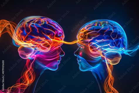 Two human-like figures with illuminated brains connecting through glowing neural pathways ...