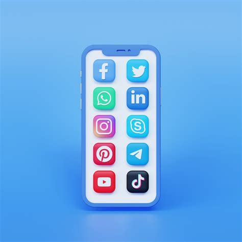 소셜 미디어 아이콘이 있는 3d 현실적인 스마트폰 파란색 배경 프리미엄 사진