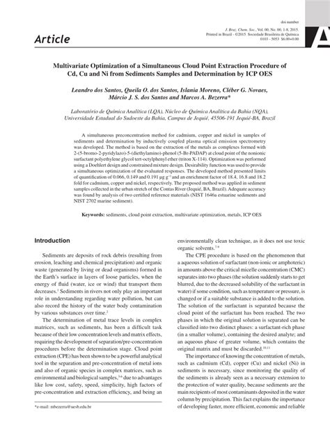 Pdf Multivariate Optimization Of A Simultaneous Cloud Point Extraction Procedure Of Cd Cu And