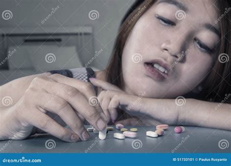 Girl Using Narcotic Shaped Pills Stock Image Image Of Japanese