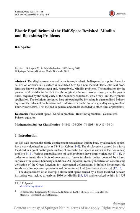 elastic equilibrium of the half space revisited mindlin and boussinesq