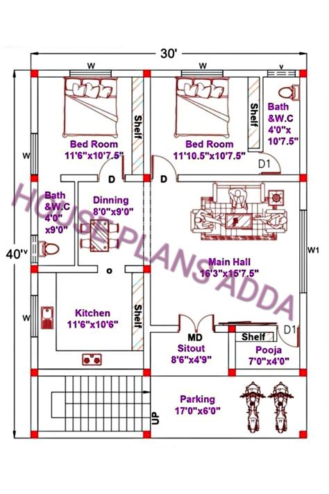 30 × 40 Small House Plan West Facing 2bhk House Plan
