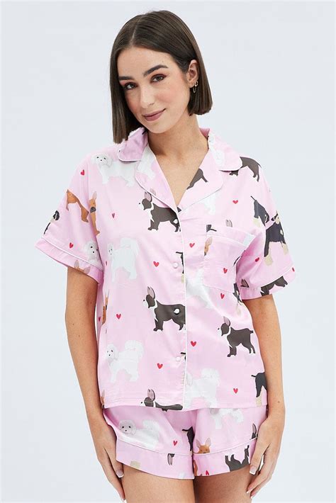 Pink Print Mixed Dogs Pj Satin Piping Detail Pyjama Set Ally Fashion