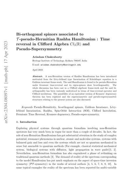 Pdf Bi Orthogonal Spinors Associated To T Pseudo Hermitian Rashba Hamiltonian Time Reversal