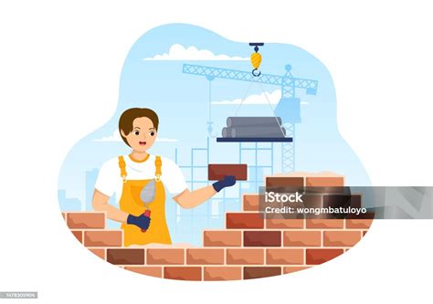 벽돌공 노동자 그림 사람들이 평평한 만화 손으로 그린 방문 페이지 템플릿으로 벽을 짓기 위한 벽돌을 쌓고 있습니다 일함에 대한