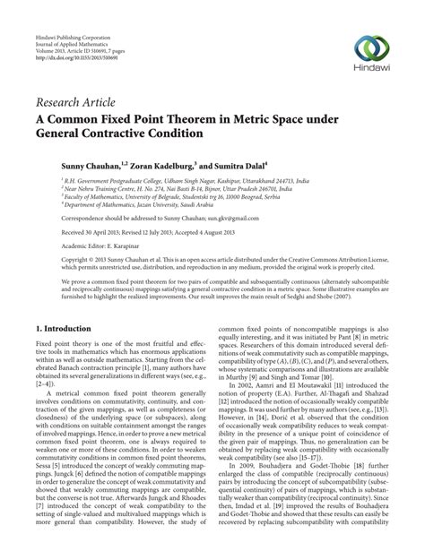 Pdf A Common Fixed Point Theorem In Metric Space Under General Contractive Condition