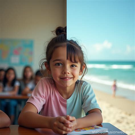 Split Image Of A Student In Class And A Beach Scene Prompts Stable
