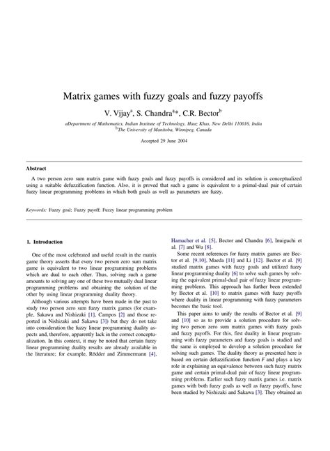 Pdf Matrix Games With Fuzzy Goals And Fuzzy Payoffs