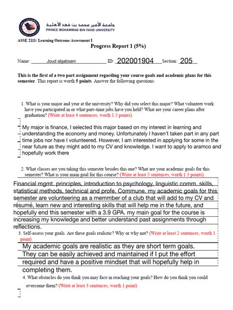 Assignment Progress Report 1 2 Pdf Goal Motivational