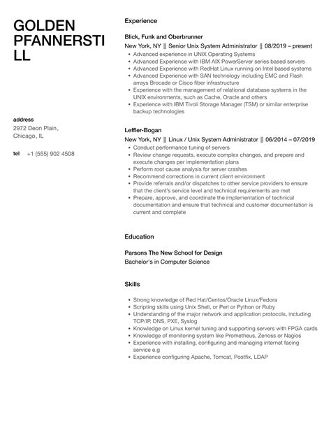Unix System Administrator Resume Samples Velvet Jobs