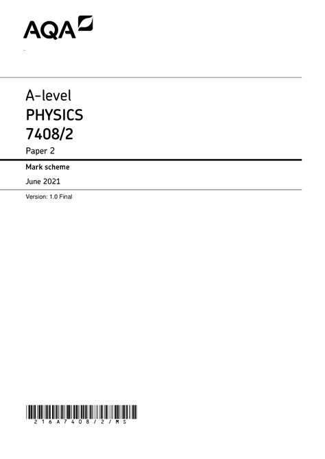 aqa a level physics 7408 2 paper 2 mark scheme june 2021 version 1 0