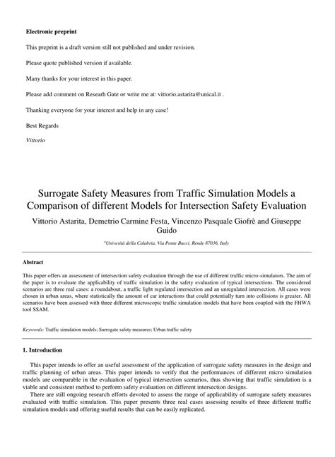 Pdf Surrogate Safety Measures From Traffic Simulation Models A Comparison Of Different Models